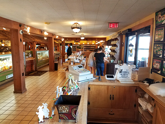 The natural habitat of the Wisconsin cheese hunter: navigating wooden beams and tile floors in pursuit of the perfect dairy souvenir.