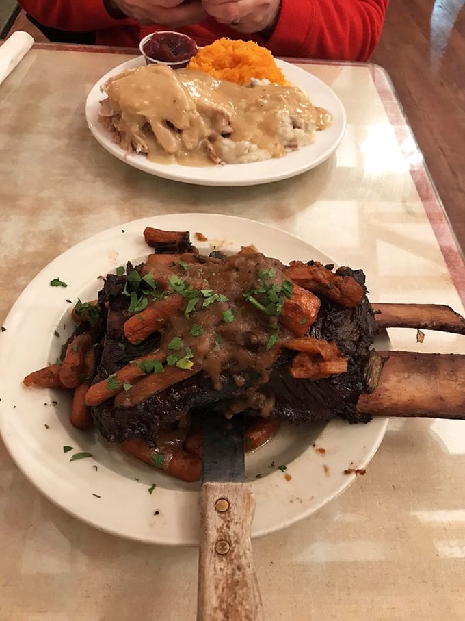 The short rib special arrives like a carnivore's dream&mdash;tender meat falling off the bone, surrounded by carrots and draped in savory gravy.