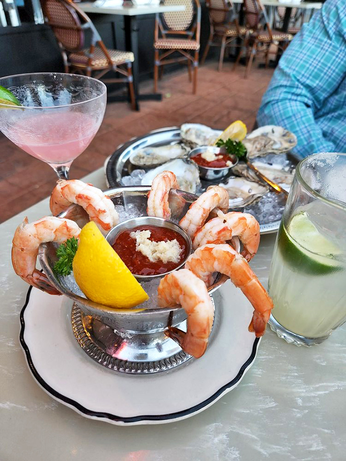 Shrimp cocktail that means business &ndash; plump crustaceans hanging off the edge of the glass like they're showing off at the pool.