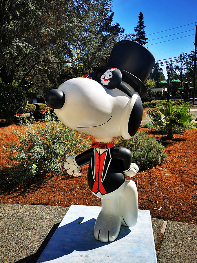 Snoopy goes formal in this dapper statue, proving that even imaginary flying aces clean up nicely when the occasion calls for it.