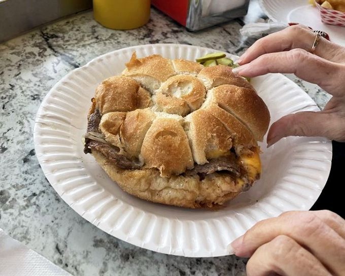 The steak sandwich looks like it's trying to escape its bun prison—a delicious jailbreak of beef, cheese, and caramelized onions.