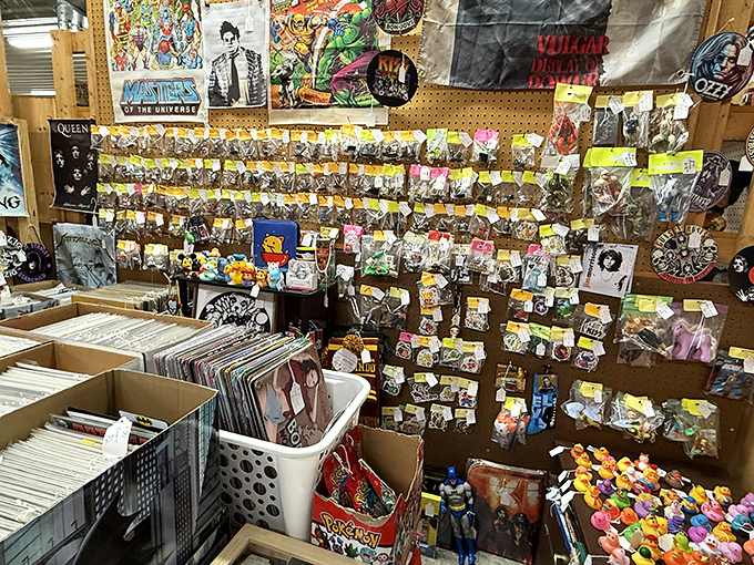Rock band patches and collectible toys form a time capsule of pop culture, where your childhood obsessions await redemption at reasonable prices.