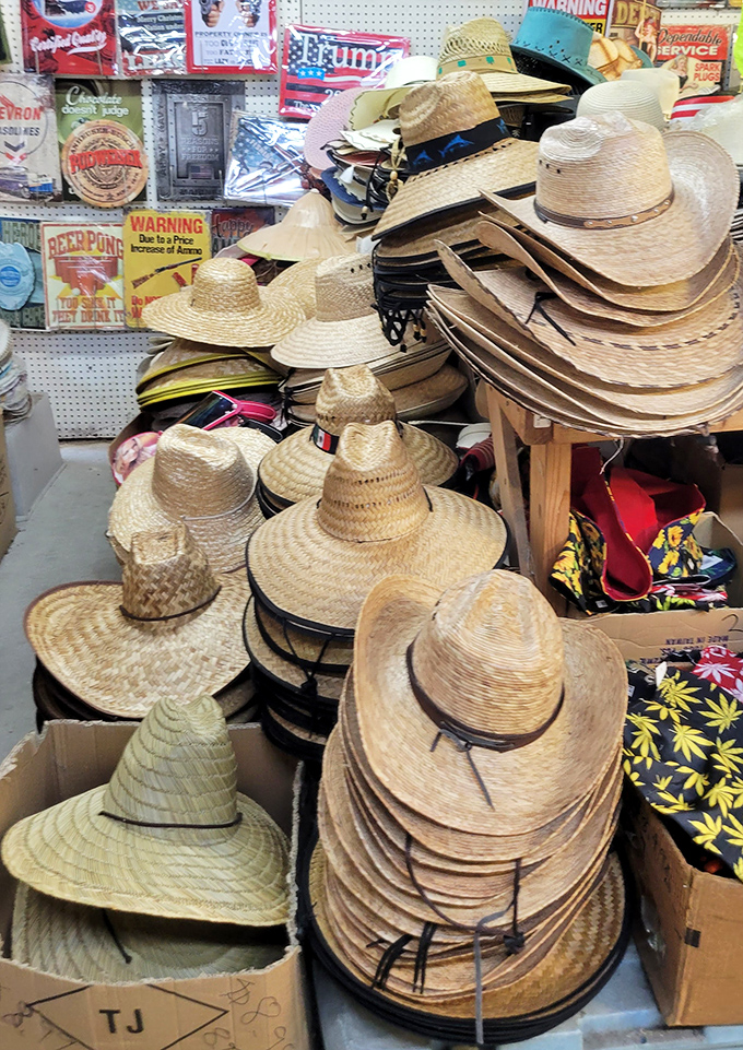 The Great Wall of Straw Hats stands ready to shield Florida shoppers from the sunshine state's most famous resident&mdash;that blazing ball of fire overhead.