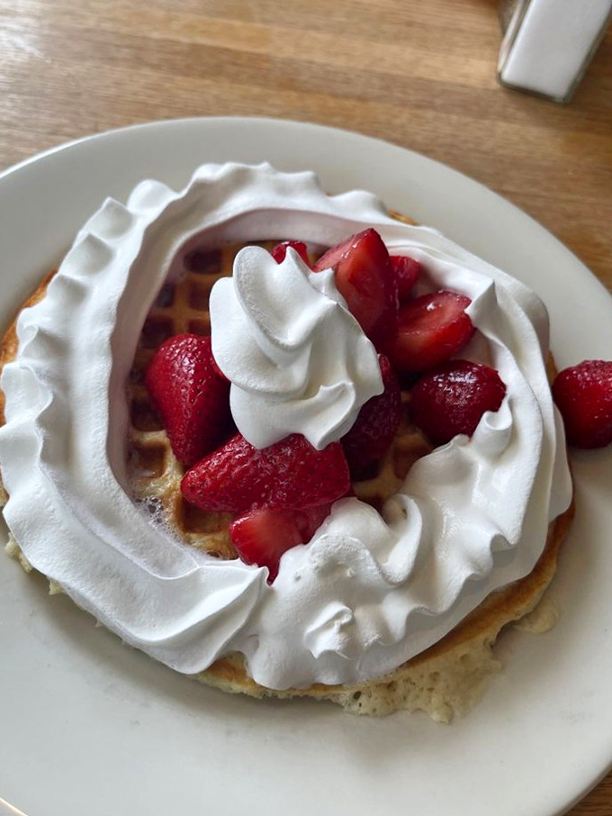 The strawberry waffle wears its whipped cream crown with pride, like breakfast royalty holding court on a white throne.