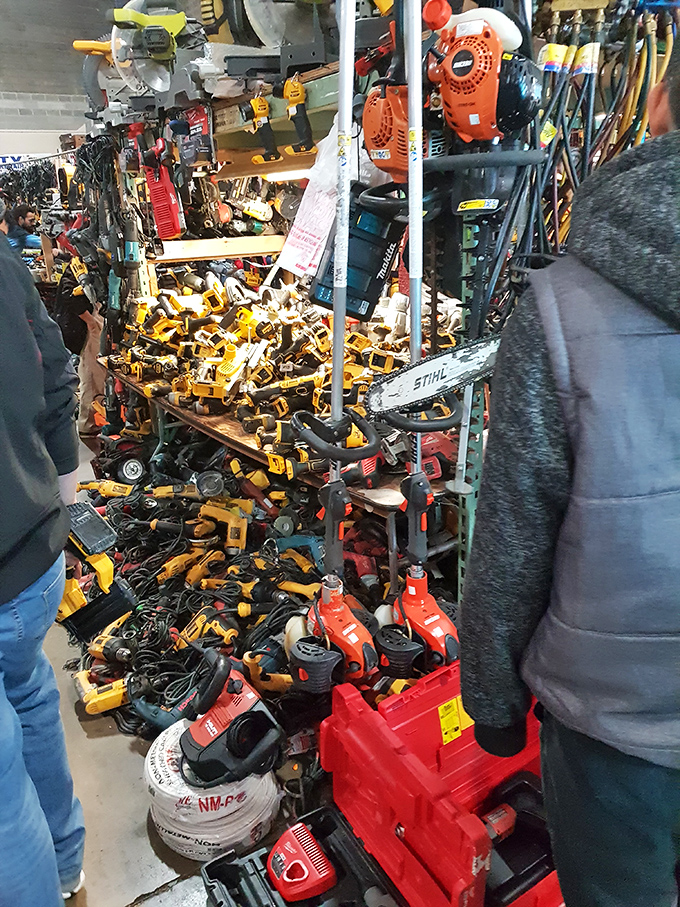 Tool heaven for the DIY enthusiast or professional alike. This chaotic collection of power tools would make Tim Allen weep with joy.