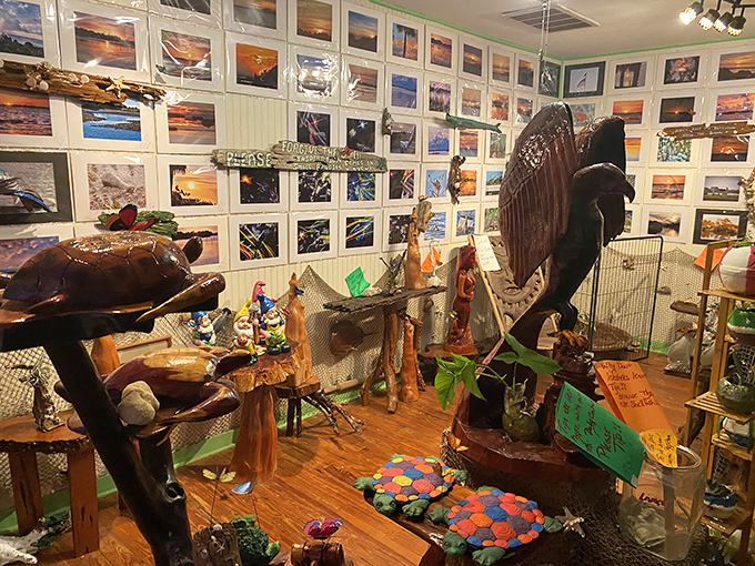 Local artists transform driftwood and inspiration into coastal treasures. In Cedar Key, even the walls celebrate the marriage of nature and creativity.