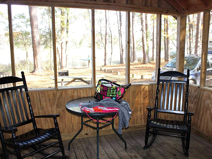 Rocking chairs on a cabin porch &ndash; where time slows down and conversations deepen without a single Wi-Fi password in sight. 