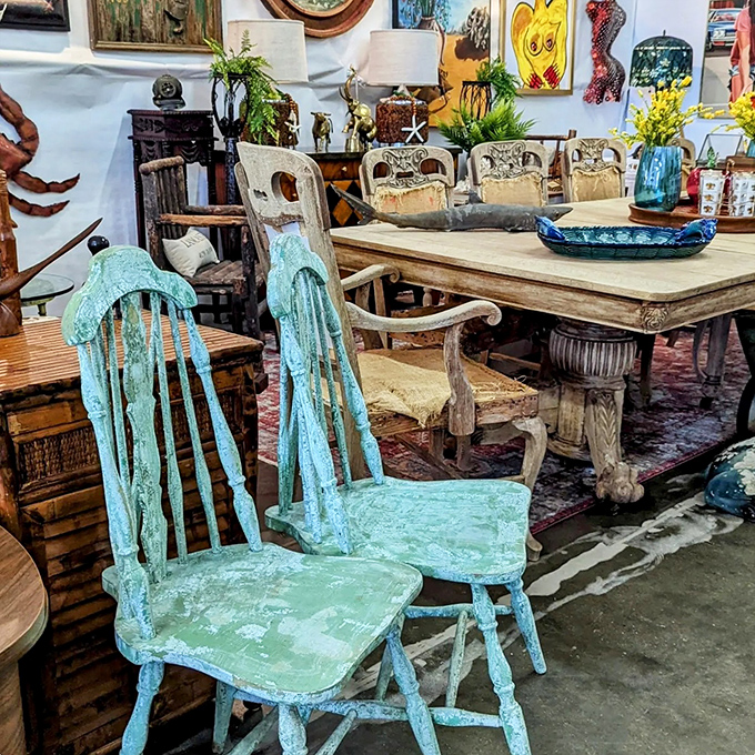 These weathered turquoise chairs have listened to more family secrets than a small-town hairdresser—and they're not telling a soul.