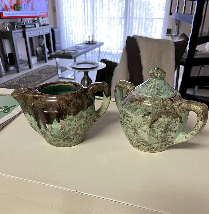 These mottled green vintage pottery pieces aren't just kitchenware&mdash;they're functional art that survived decades of Sunday dinners and holiday gatherings.
