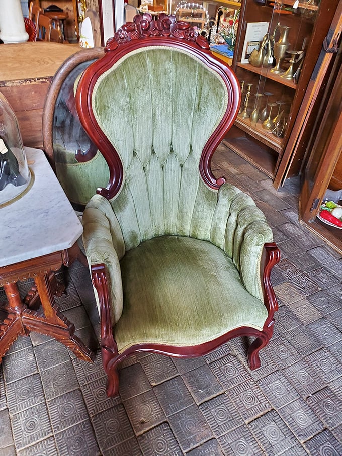 A throne fit for vintage royalty. This green velvet chair has probably heard some fascinating conversations over the decades.