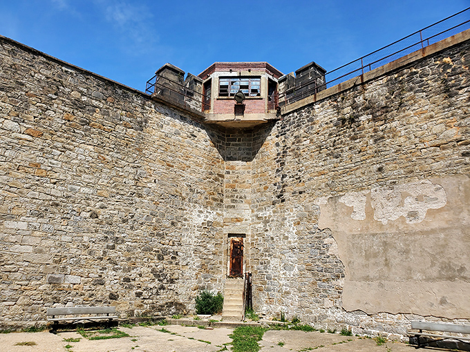 The guard tower looms over the exercise yard, a constant reminder that someone was always watching. The original surveillance system, no Wi-Fi needed.