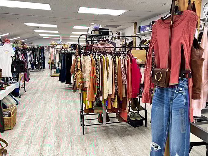 Women's fashion displayed with boutique-like care, featuring fall-ready sweaters and classic jeans&mdash;proof that "pre-loved" doesn't mean compromising on style.