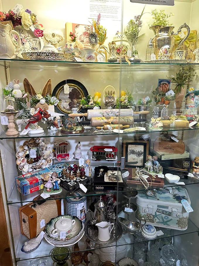 This glass cabinet is like the jewelry box of a time-traveling collector, where every shelf holds miniature worlds of wonder.