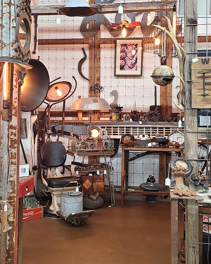 Vintage barber chairs and industrial lighting create a masculine-meets-steampunk aesthetic. The perfect spot to find that statement piece for your home office or man cave.