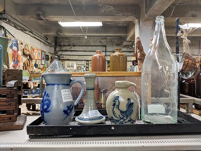 Stoneware with personality &ndash; that blue chicken pitcher has attitude. Imagine the Sunday dinners it's witnessed over decades.