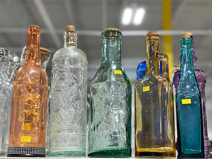 Colorful glass bottles catch light like liquid jewels, each one holding stories from someone else's yesterday.