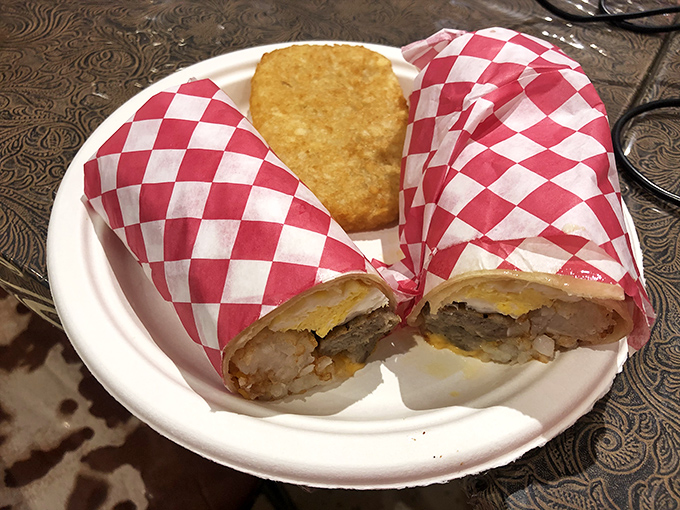 A burrito wrapped in classic red-checkered paper &ndash; the culinary equivalent of a warm hug from your favorite quirky uncle.