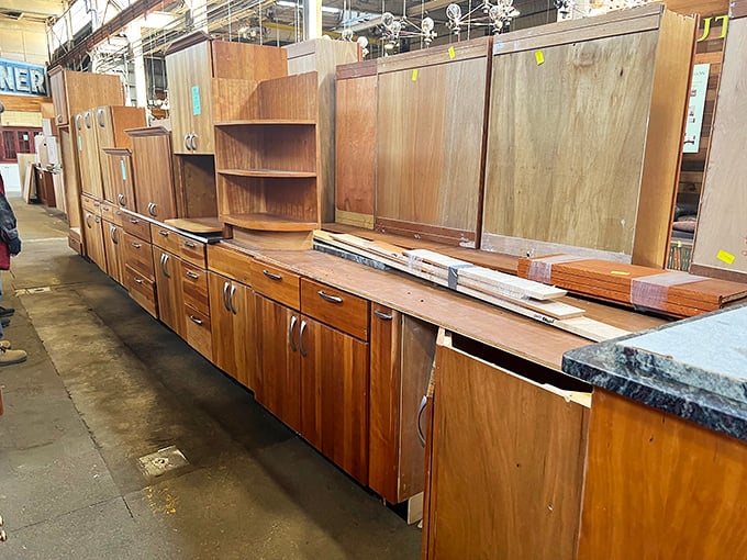 Kitchen cabinet lineup looking like the world's most practical police suspects&mdash;each one ready to confess how perfectly it would store your mismatched collection of coffee mugs.