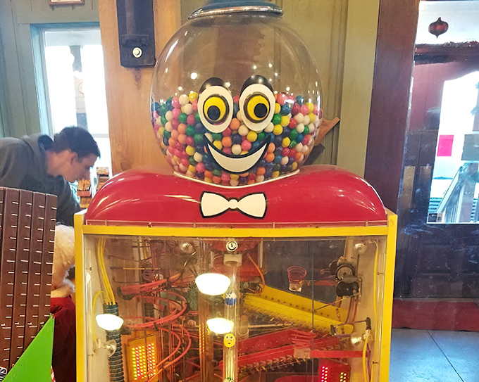 The happiest gumball machine I've ever encountered. That face isn't just decorative&mdash;it's the appropriate expression for anyone about to experience such joy.