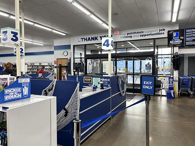 The final frontier of your treasure hunt journey. Signs remind shoppers that purchases support job training&mdash;retail with heart in the heart of Eau Claire.