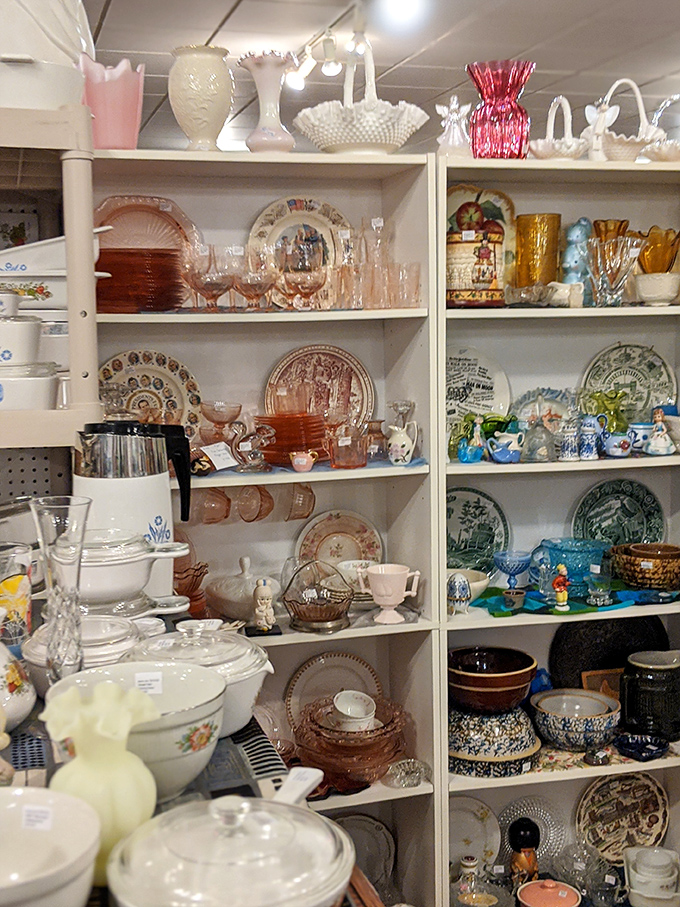 Shelves of Depression glass and patterned china waiting for their second act. Your grandmother would approve of these dinner party companions.
