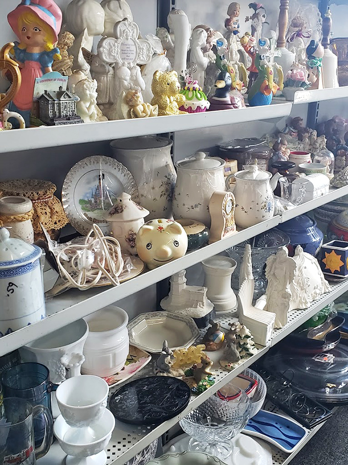Ceramic figurines, teapots, and decorative plates create a wonderland of knickknacks. Your grandmother's china cabinet suddenly feels incomplete without these treasures.