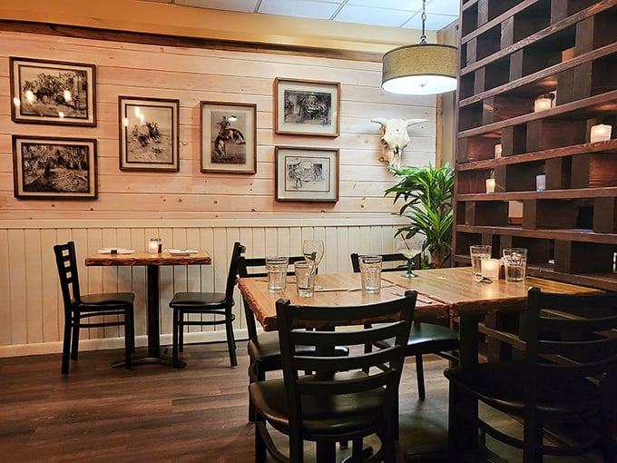 Western-themed artwork watches over diners like friendly ghosts of cowboys past. The kind of room that makes you want to linger over coffee.