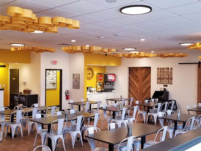 The dining area balances modern industrial with cozy comfort, much like the food that bridges the gap between childhood nostalgia and grown-up tastes.