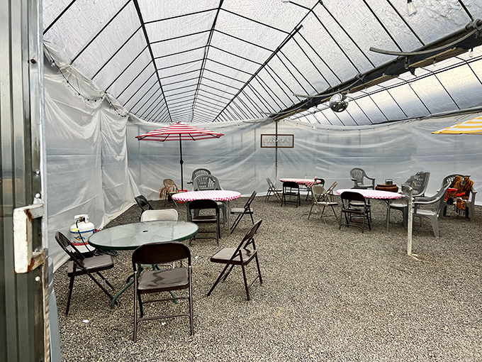 The greenhouse dining area offers protection from Oregon's famous liquid sunshine while maintaining the casual, communal vibe that makes eating here so special.