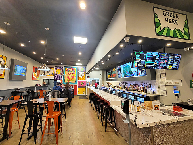 Where burger dreams come true. The open layout invites you to settle in while pop art splashes create conversation starters between bites.