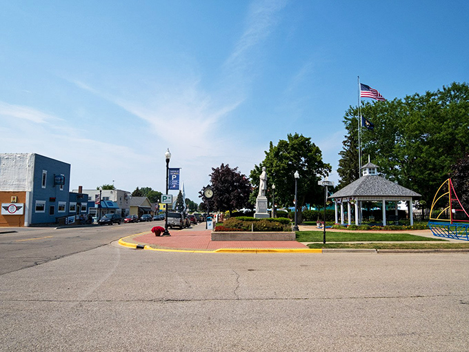 Downtown Caseville's gazebo and monument&mdash;where summer concerts happen and teenagers pretend not to enjoy family events.