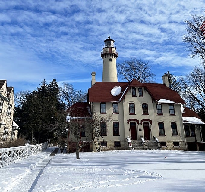 Winter transforms the lighthouse into a snow-capped holiday card scene. Edward Hopper would've added this to his painting bucket list.