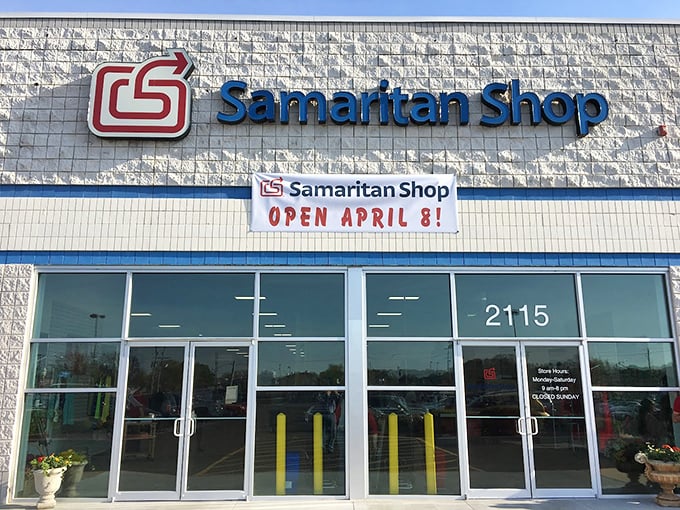 The entrance beckons with promises of treasures within. That "Open April 8" banner hints at the anticipation good thrift stores generate.