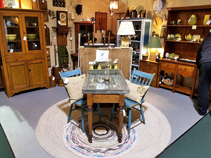 A farmhouse dining set that's seen more honest conversations than a therapist's office. That weathered wood holds decades of family stories.
