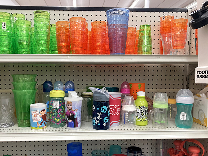 A rainbow of plastic cups and children's sippy bottles stands ready for summer picnics and toddler mealtimes alike.