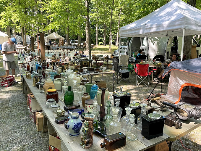 A symphony of glassware and porcelain arranged with collector's precision. Imagine the dinner parties these pieces have witnessed over the decades.
