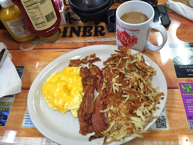 Breakfast of champions, Florida edition. Those hashbrowns are the real stars here &ndash; crispy, golden-brown potato perfection that's worth the trip alone.