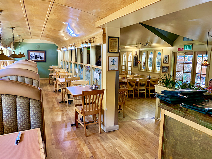 Where trolley car history meets mountain dining magic&mdash;the warm wood and cozy booths make you want to linger like a Sunday morning.