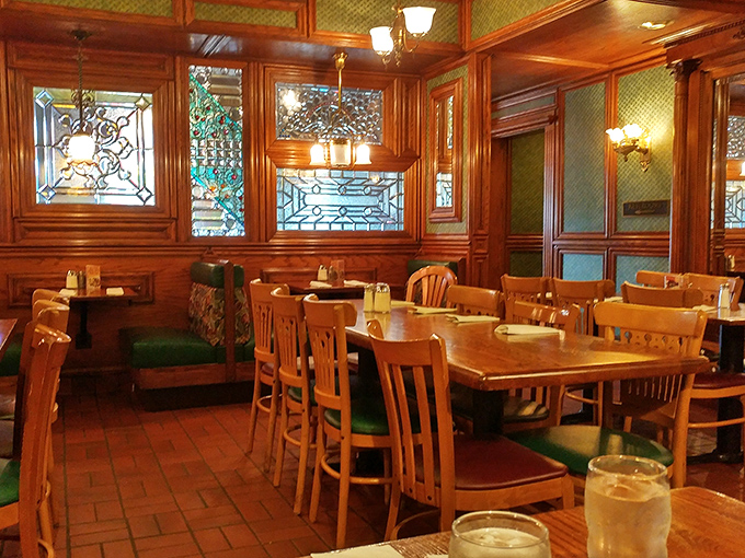 The dining room feels like breakfast's answer to a vintage library&mdash;warm wood, stained glass, and the promise of stories shared over coffee.