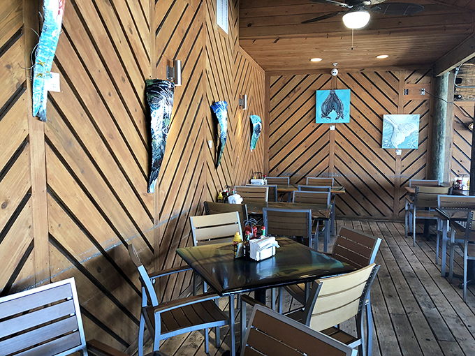 Diagonal wood paneling and mounted fish create that authentic "yes, we actually know what we're doing with seafood" atmosphere.