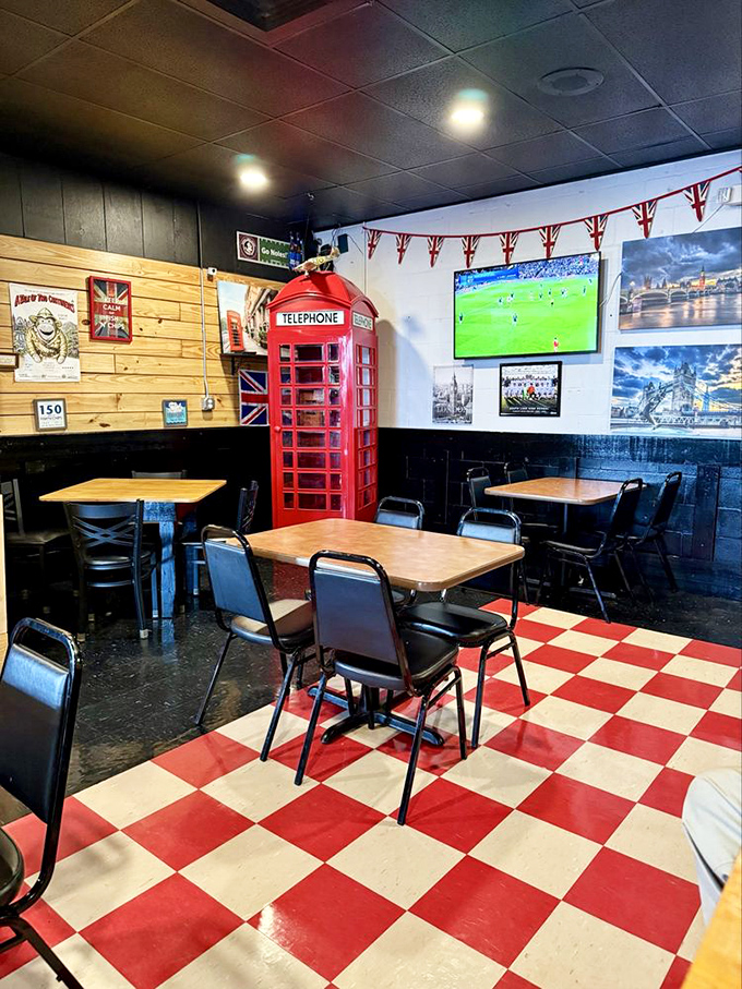 That red telephone booth isn't just decoration &ndash; it's a portal to London, conveniently located next to tables showing the football match.