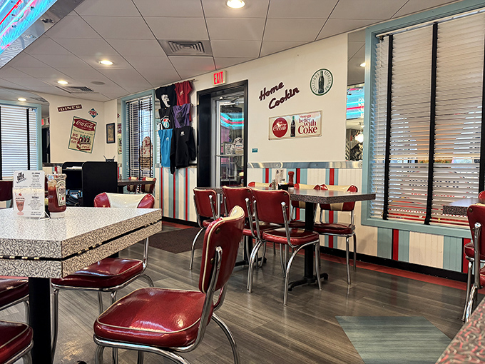 Red vinyl chairs and chrome tables aren't just furniture—they're time machines. Sit down and suddenly you're plotting to take Peggy Sue to the sock hop.
