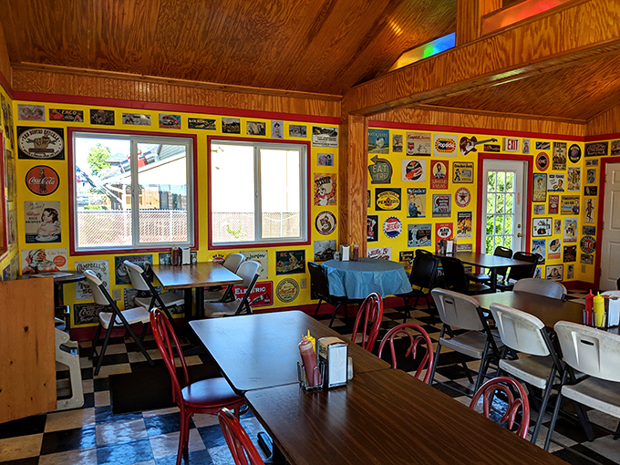 The dining room feels like stepping into your cool grandparents' rec room – if your grandparents collected every piece of automotive memorabilia since 1955.