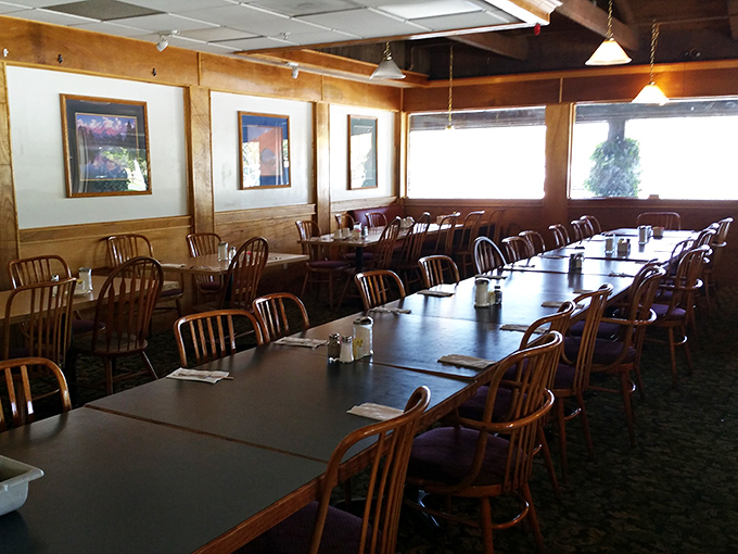 The dining room waits patiently between rushes, tables standing at attention like soldiers ready for the next breakfast battalion.