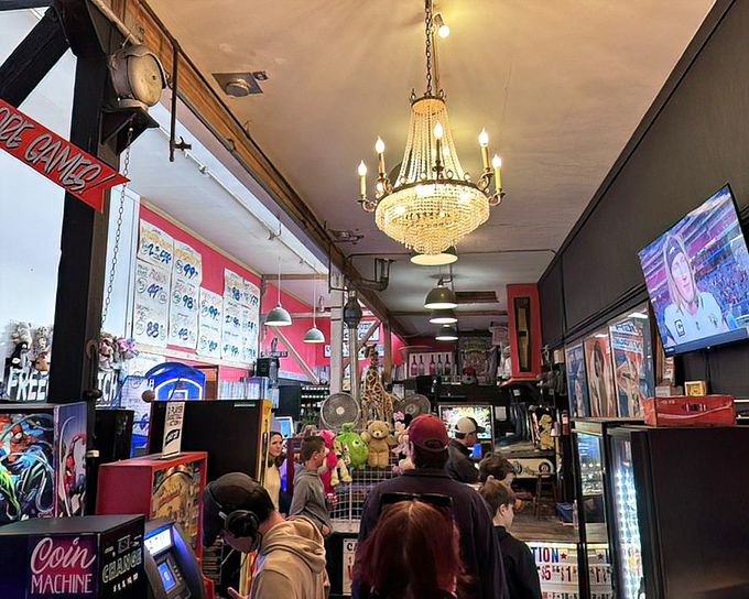 That chandelier isn't something you'd expect in an arcade, but that's Free Gold Watch for you&mdash;unexpectedly elegant chaos.