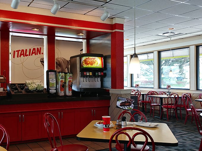 The self-serve beverage station and bright dining area create that casual vibe where nobody minds if your toddler drops a breadstick &ndash; we've all been there.