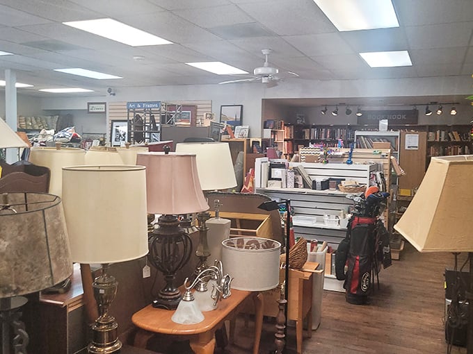 A forest of lamps stands ready to illuminate your home and your budget. That golf bag in the background? A hole-in-one find!