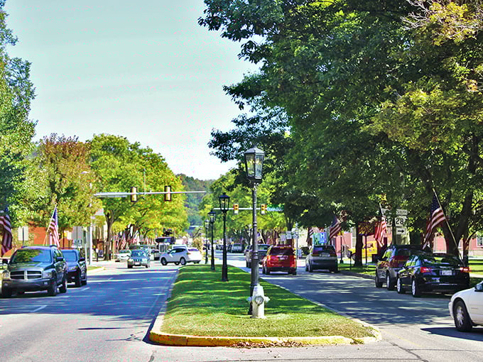 Gas lamps line Wellsboro's boulevard-style Main Street, creating an ambiance that makes even a quick coffee run feel cinematically significant.