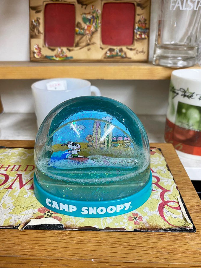 A miniature world where Snoopy eternally camps, trapped in a snow globe time capsule of childhood wonder and simpler days.