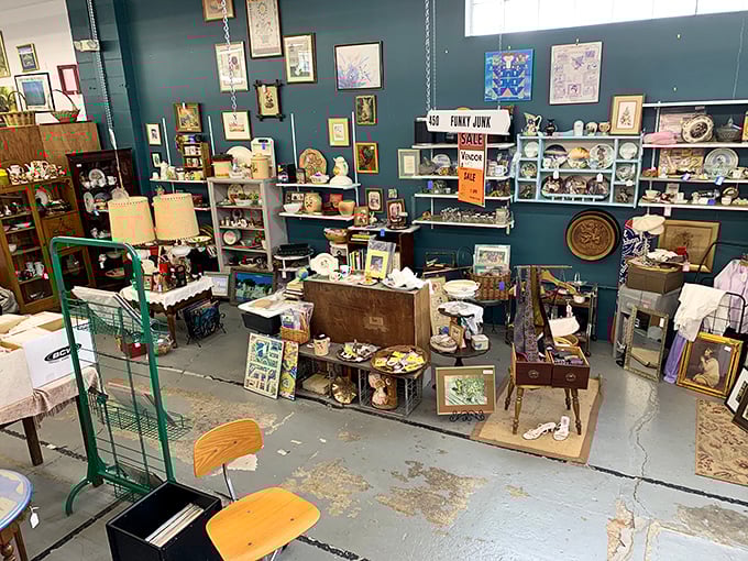 The "Funky Junk" corner&mdash;where one person's castoffs become another's conversation pieces. That blue wall makes everything pop like a vintage magazine spread.